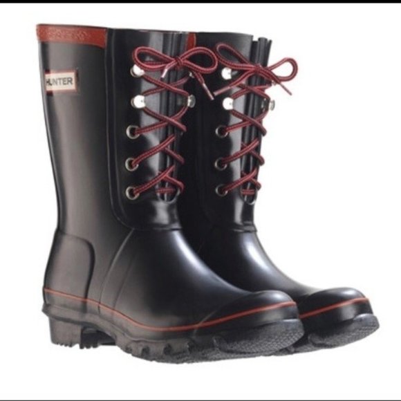 Hunter | Shoes | Hunter Rain Boot Festival Lace Up Black Red Mid Calf ...